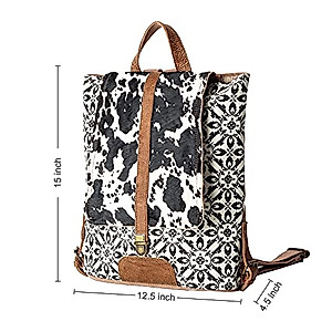 ANNGOTI Women's Canvas & Cowhide Backpack Fashion Bookbag, Chic Vintage Style Daypack Made with Genuine Leather, Large Interior with Multiple Inner Pockets