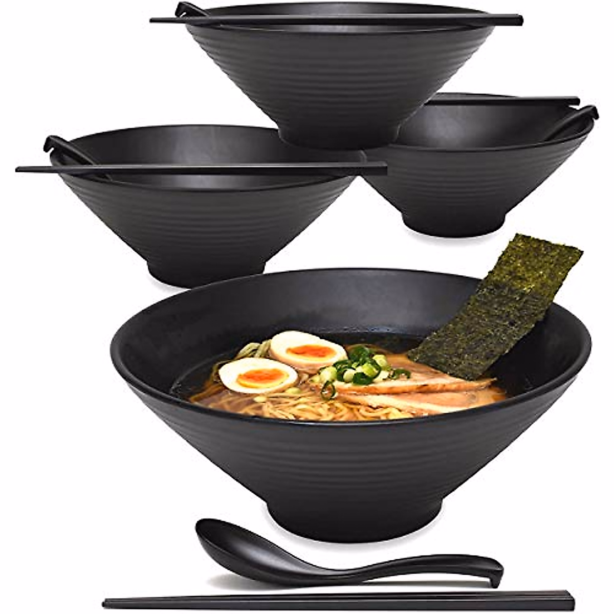 4 Sets (12 Piece) 57 Ounce Large Japanese Ramen Noodle Soup Bowl Melamine Hard Plastic Dishware Ramen Bowl Set with Matching Spoon and Chopsticks for Udon Soba Pho Asian Noodles (4, Black, 9 inches)