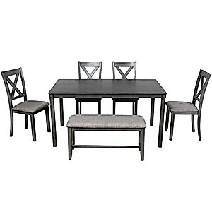 6 Piece Dining Table Set, Wood Dining Dinette Table and 4 Chairs with 1 Bench with Cushion, Rustic Style Kitchen Table Set for 6 Persons, Gray