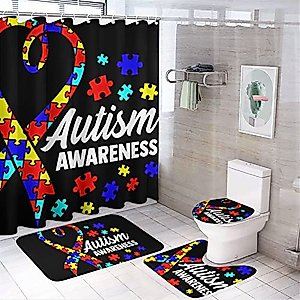 Autism Awareness 4-Piece Shower Curtain Set, Shower Curtain, Non-Slip Carpet, Toilet Lid and Bath Mat, It Looks Durable and Waterproof, Suitable for Overall Bathroom Decoration