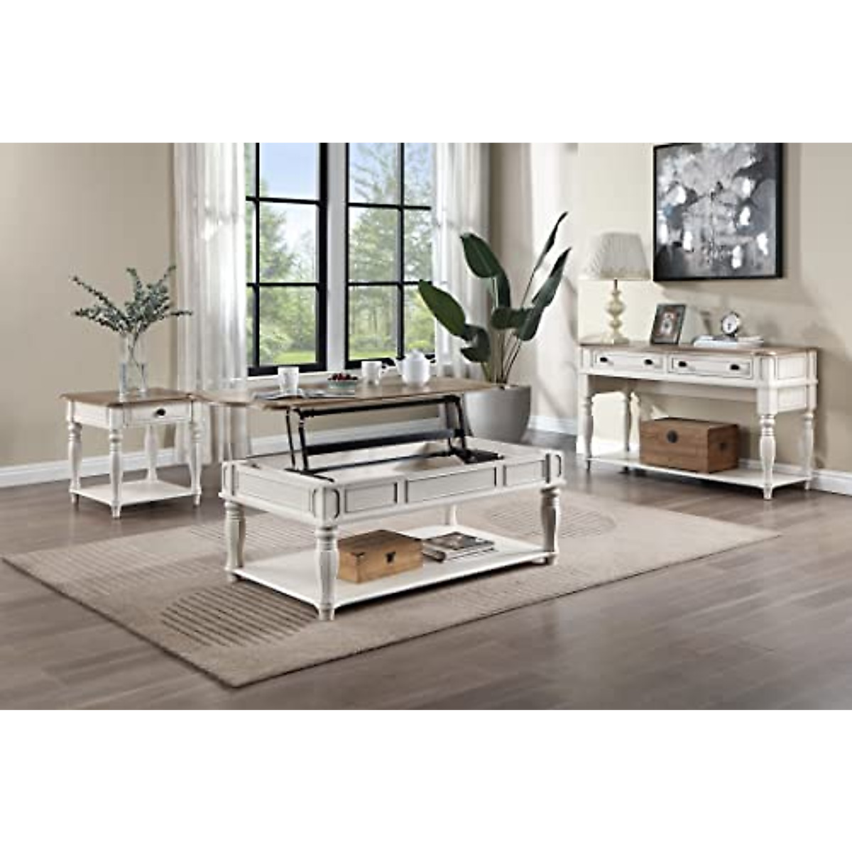 Acme Florian Wooden Coffee Table with Lift Top in Oak and Antique White