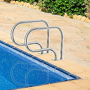 VINGLI 2PCS Swimming Dual Pool Hand Rail, Stainless Steel 3-Bend Pool Stair for Inground Pool with Quick Mount Brace Plate 32x22.5''