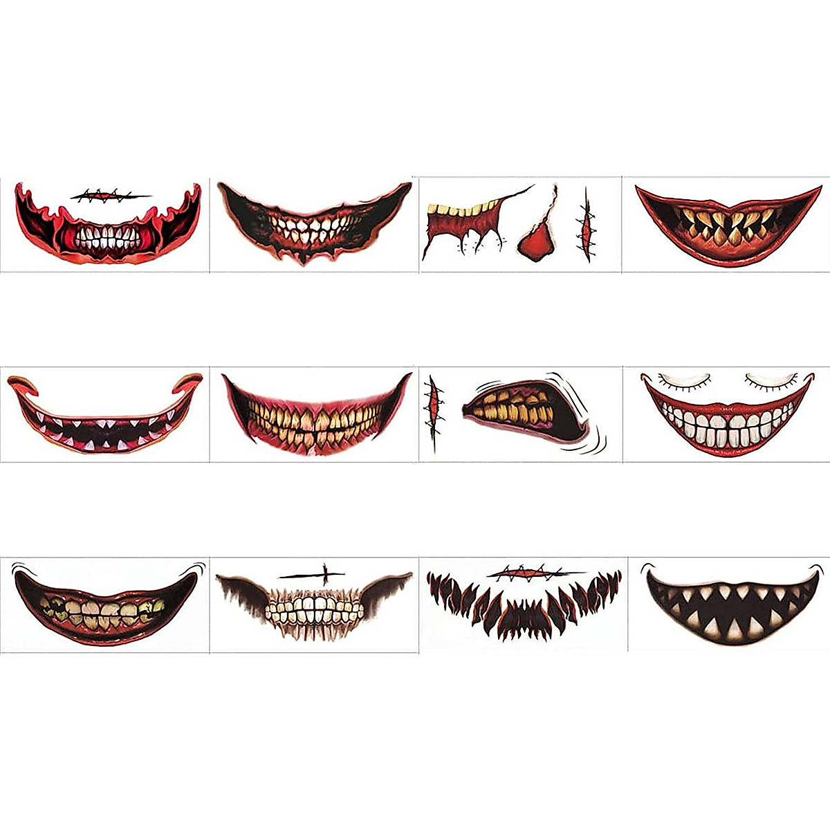 Aaiffey 12PCS Halloween Clown Horror Mouth Tattoo Stickers,Halloween Temporary Tattoos Face Decals Prank Props for Halloween Cosplay Party Decorations