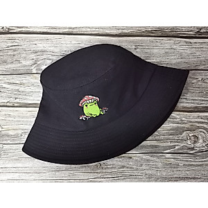 Enodtter Frog with Mushroom Embroidered Bucket Hat for Men Women Girl, Black Summer Travel Fisherman Beach Sun Hat Embroidery Outdoor Cap Unisex