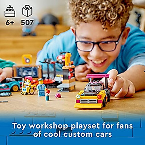 LEGO City Custom Car Garage, Toy Garage Building Set with 2 Customizable Cars, Pretend Play Mechanic Toy with 4 Mini Figures, Birthday Gift Idea for Boys, Girls, Kids Who Love Cars Age 6+, 60389