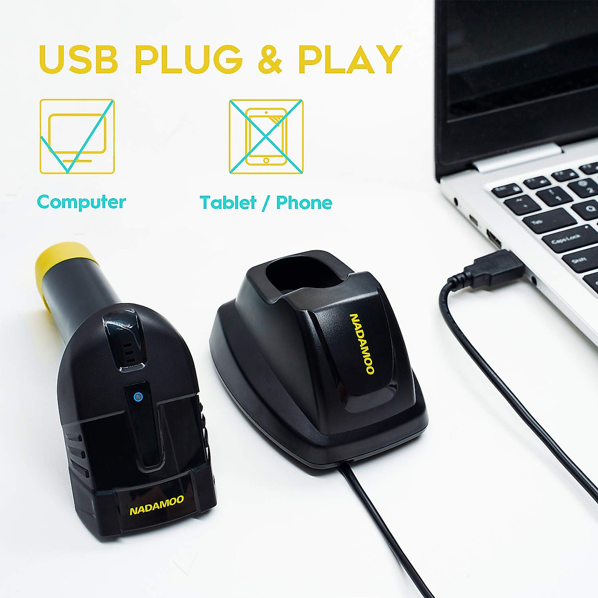 NADAMOO Wireless Barcode Scanner with Charging Cradle, Read 1D, 2D, QR Code, Data Matrix, PDF417, 400m Transmission Distance, 2200mAh Rechargeable Battery, Cordless CMOS Image Reader for Computer