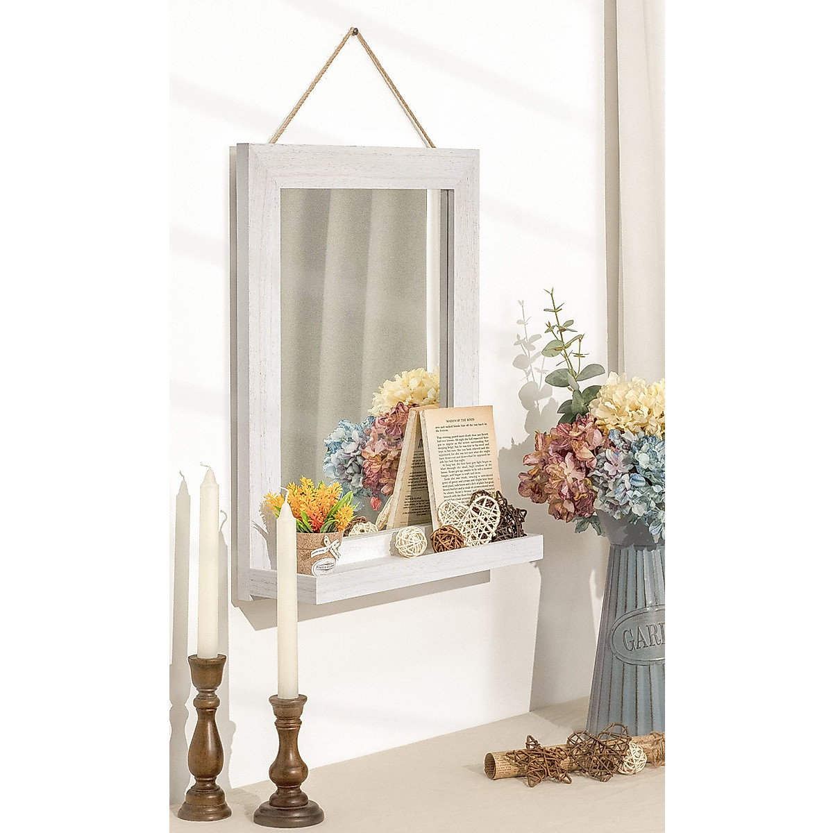 Emfogo Wall Mirror with Shelf, 20 x 16 inch Farmhouse Decor Wall Mirror Hanging for Bathroom, Vanity, Bedroom, Entryway, Living Room (Weathered White)