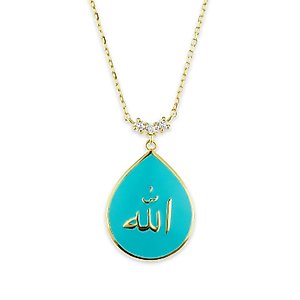 ITI NYC Genuine Sterling Silver (925) Allah Pendant with Light Blue Enamel (25 x 16 MM) (18K Yellow Gold Finish Over Sterling Silver)