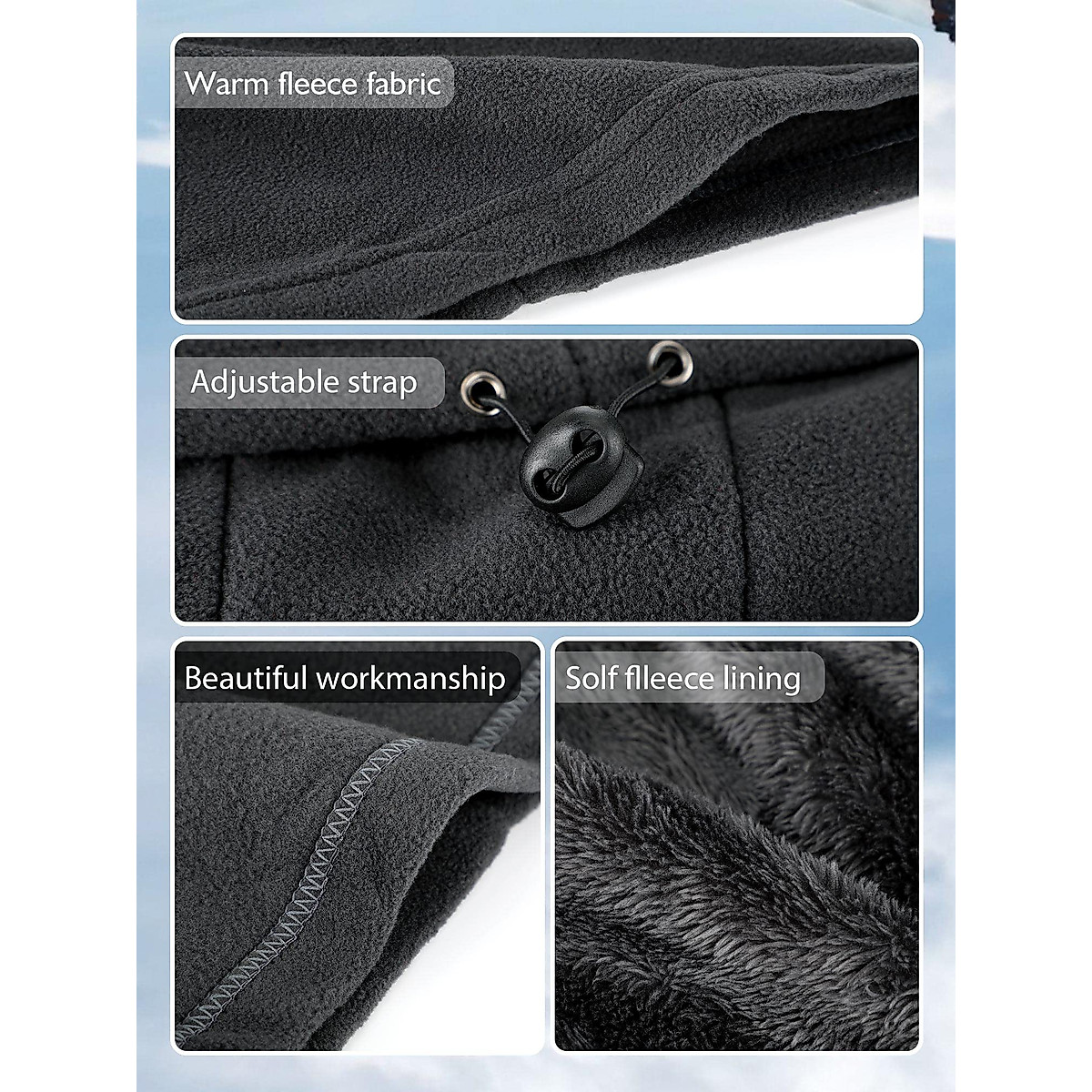 Winter Balaclava Hat Fleece Full Face Covering Scarf with Drawstring (Grey, Black, 2)