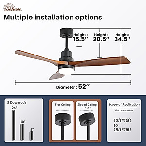 Sofucor 52 inch Solid Wood Ceiling Fan with Lights and Remote, Low Profile Brown Black Ceiling Fan with 3 Downrod, Outdoor Indoor Modern 3 Blade Ceiling Fan for Living Room Bedroom Farmhouse Patio