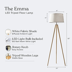 Brightech Emma LED Floor Lamp, Tall Lamp with Wood Legs, Mid-Century Modern Standing Lamp for Bedroom Reading, Tripod Lamp for Living Rooms & Offices, Great Living Room Décor