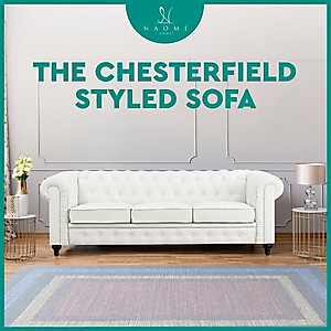 Naomi Home Emery Chesterfield Sofa with Rolled Arms, Tufted Cushions / 3 Seater Sectional Sofa Couch for Small Spaces, Living Room, Bedroom, Apartment Easy Tool-Free Assembly – Off White