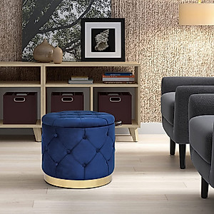 Homebeez 18.9" Round Velvet Storage Ottoman, Pre-Assembled Multi-Function Storage Vanity Stool, Button Tufted Accent Coffee Table with Golden Plate Base,Navy Blue