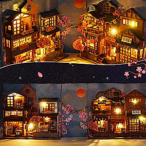 DIY Book Nook Kit, 3D Wooden Puzzle Booknook, Decorative Bookend, Bookshelf Insert Decor Alley with Furniture and LED Light for Birthday Home Desk Décor (Cherry Blossom Alley)