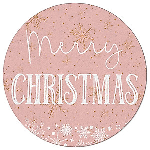 Merry Christmas Round Area Rug 5ft,Washable Outdoor Indoor Carpet Runner Rug for Bedroom,Kitchen,Bathroom,Living/Dining/Laundry Room,Office,Area+Rug Bath Door Mat Blush Pink Gold Winter Snowflake