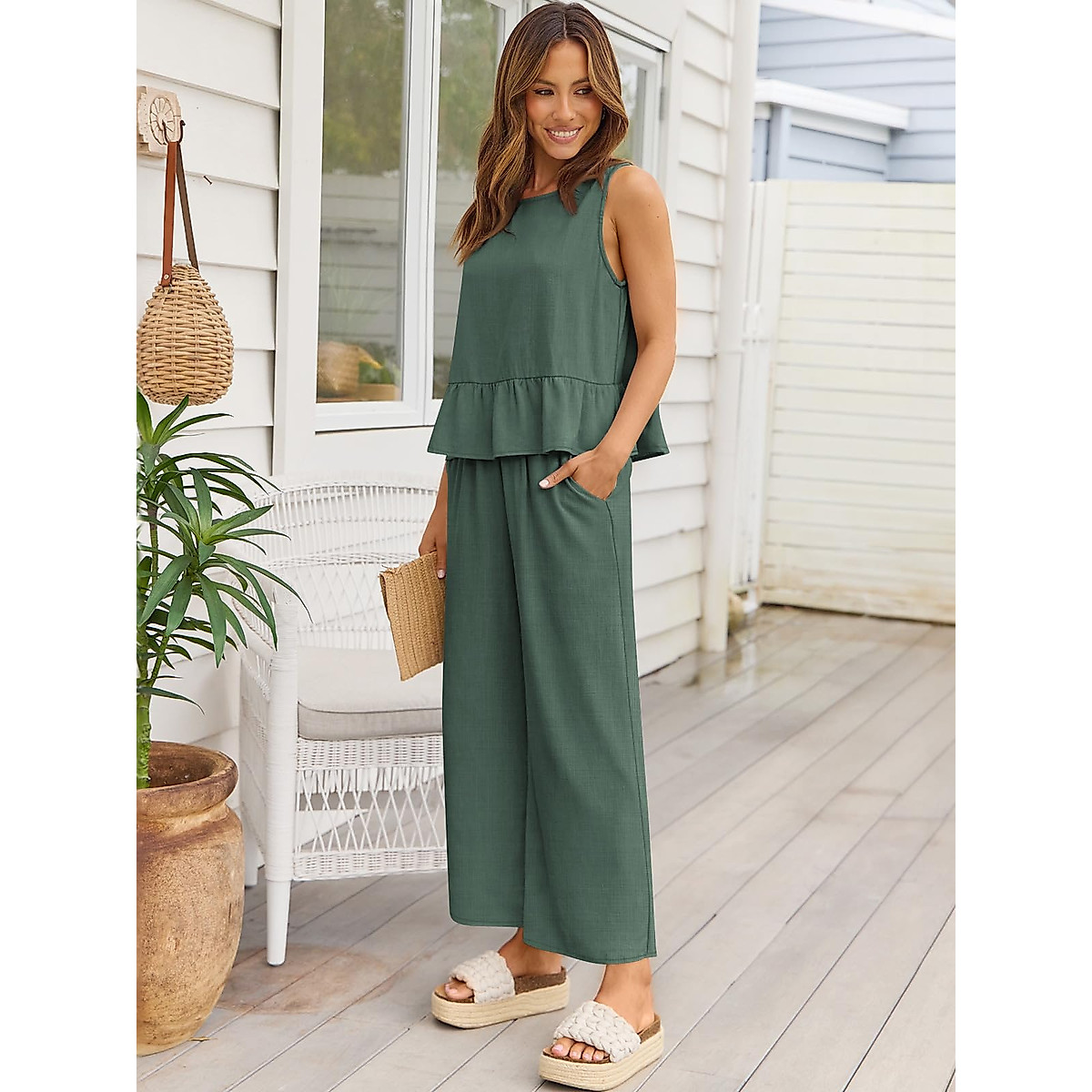 AUTOMET Womens Summer 2 Piece Outfits Linen Crop Tank Tops Lounge Matching Sets & Long Track Pants Tracksuits 2025 Blue Grey S