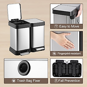 TrailBlaze 13 Gallon Dual Trash and Recycling Bin, Fingerprint Proof Stainless Steel Kitchen Garbage Can with Double Lid, Pedal Rubbish Bin for Kitchen Home Office, Without Inner Bucket