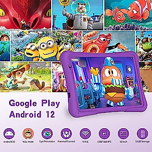 Kids Tablet 10 inch Android 12, Tablet PC with 32GB Storage, Parental Control, Educational, 10.1'' IPS HD Display, Dual Camera, 6000mAh, WiFi, with Silicone Kid-Proof Case, Gift for Girls (Purple)