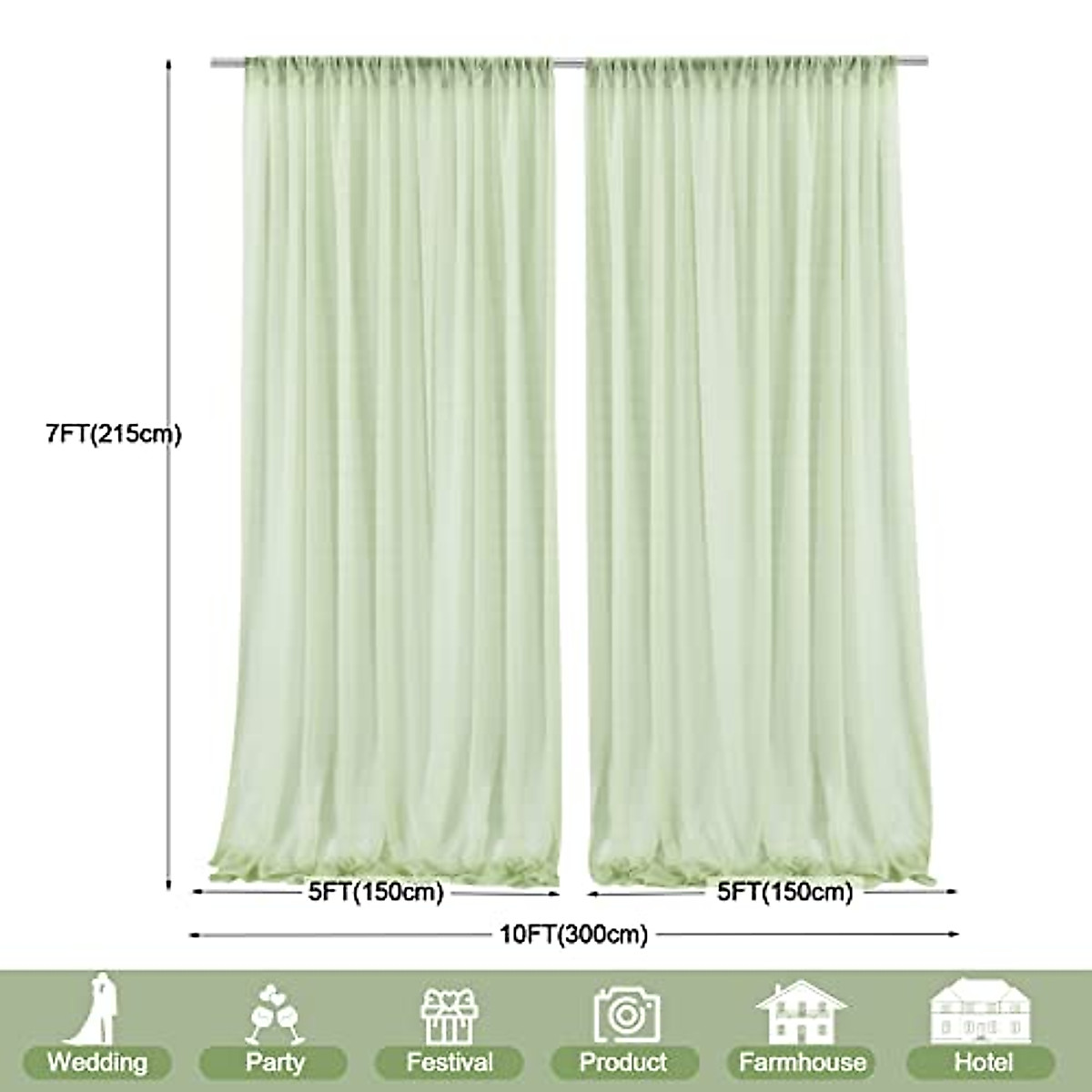 Sage Green Backdrop Curtains for Parties, 10ft x 7ft Wrinkle-Free Sheer Chiffon Fabric Party Curtain Drapes for Wedding Birthday Party