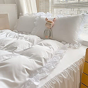 MOOWOO Chic Ruffle Lace Polyester Duvet Cover Set -Girl White Bedding-2 Piece Twin Duvet Cover with Zipper Closure -Ultra Soft and Light Weight(White, Twin)