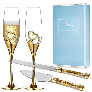 Parihy Wedding Cake Knife and Sever Set, Wedding Champagne Flutes and Cake Knife Server Set, Wedding Gifts Toasting Glasses for Couple Bride and Groom, Cake Cutting Set for Wedding, Engagement