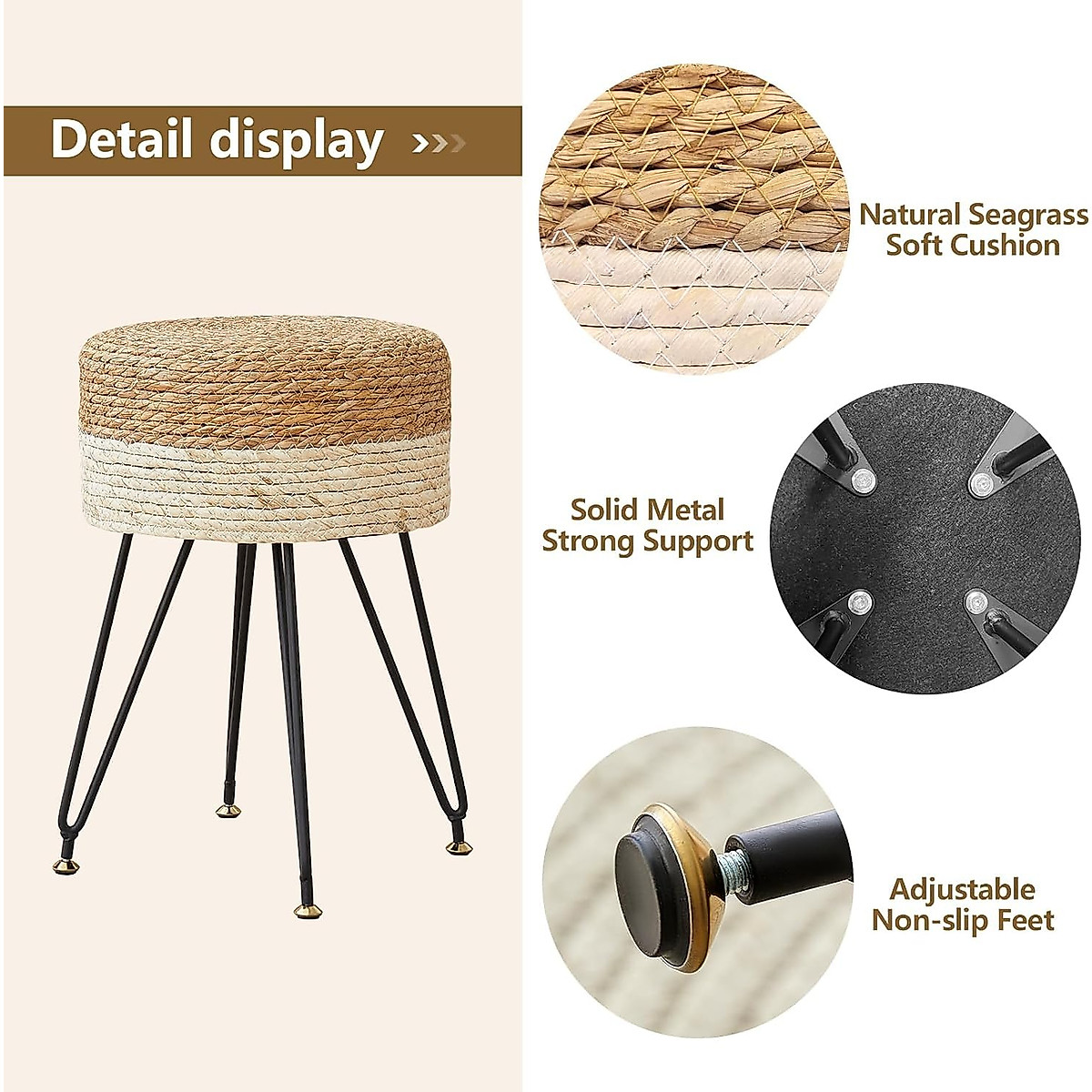 ALeesing Makeup Vanity Stool, Hand Weave Natural Seagrass Footstool Ottoman, Foot Rest Dressing Stool with Metal Leg, Modern Multifunctional Vanity Stools Chair, White