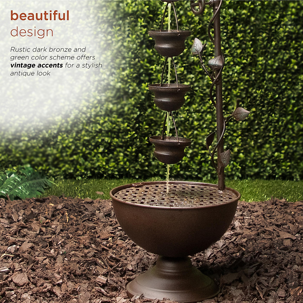 Alpine Corporation 38" Tall Indoor/Outdoor Hanging 6-Cup Tiered Floor Water Fountain, Bronze