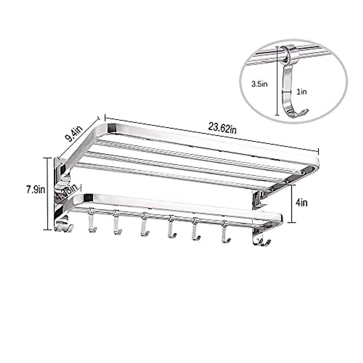 NAAKABE Bathroom Foldable Towel Rack,SUS 304 Stainless Steel Wall Mounted Towel Shelf wih No Drill, 6 Removable Hooks and Adjustable Towel Bar, Double Towel Bar Holder