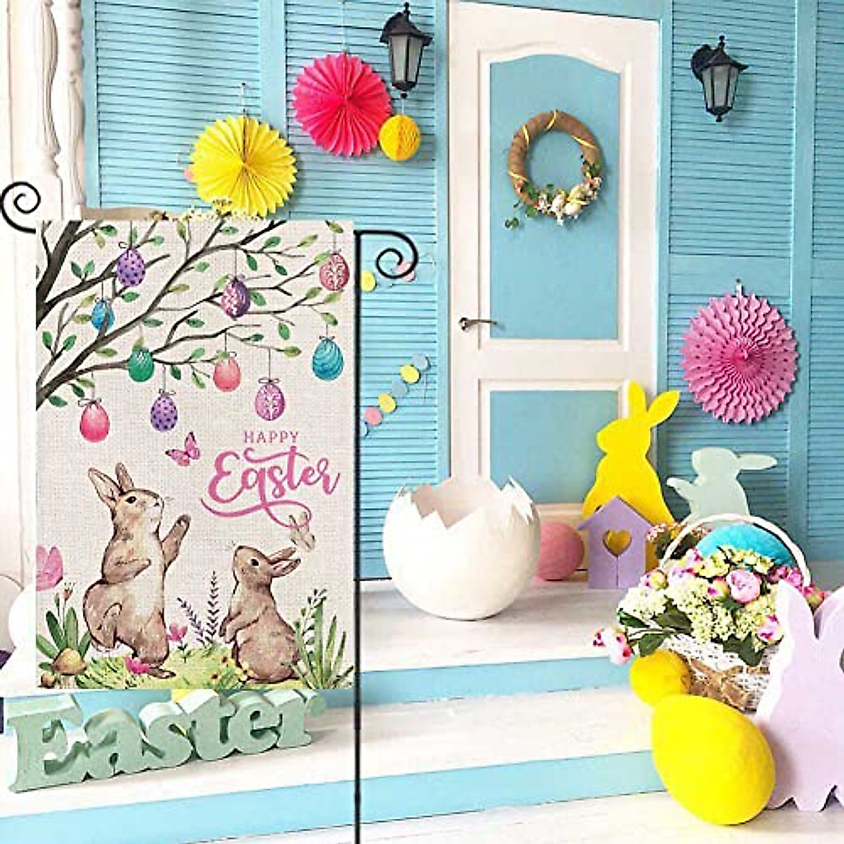 Happy Easter Bunny Garden Flag for Outdoor 12x18 Double Sided,Rabbit Egg Tree Small Yard Flag,Seasonal Decors for Spring Farmhouse Holiday Outside