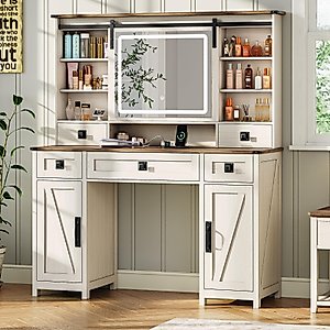 Farmhouse Makeup Vanity Desk with Sliding Mirror and Lights, 47.2" Big Vanity Table with Charging Station, Makeup Desk with 5 Drawers & 2 Cabinets, White