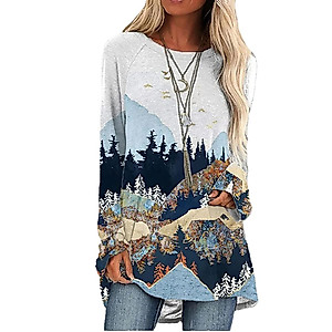 Mayntop Womens Tops Shirt Ethnic Boho Pine Tree Forest Mountain Landscape Graphic Pattern Print Long Sleeve Loose Blouse(B White,S)