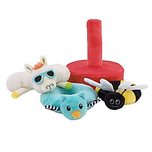 Sassy Baby Larry Llama, Bee and Blue Bird Multi Colored Developmental Plush 3 Stacking Rings Baby Toy, with Squeaker, Chime and Rattle