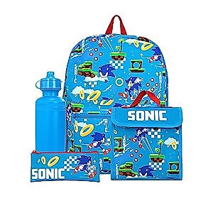 Sonic The Hedgehog Backpack Set | Backpack, Lunchbag, Pencil Case, Water Bottle | Kids Backpack | Blue