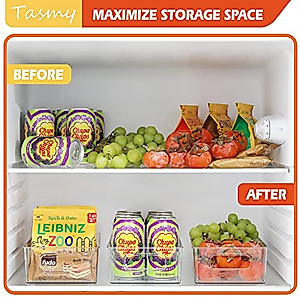 Tasmy Set of 4 Refrigerator Organizer Bins - Stackable Fridge Organizers with Handles for Freezer, Kitchen, Countertops, Cabinets - Clear Plastic Pantry Food Storage Rack, BPA Free