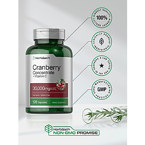 Horbäach Cranberry Concentrate Extract Pills + Vitamin C | 30,000mg | 120 Capsules | Triple Strength Ultimate Potency Formula | Non-GMO and Gluten Free Supplement