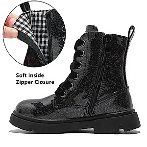 DADAWEN Boys Girls Glitter Ankle Boots Lace Up Waterproof Combat Shoes With Side Zipper for Toddler/Little Kid/Big Kid Black Glitter US Size 2 M Little Kid