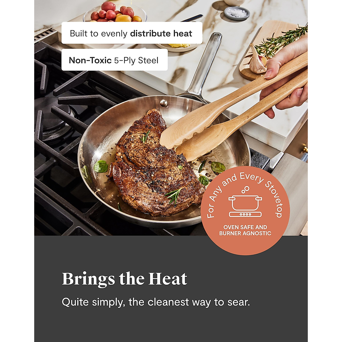 Caraway Stainless Steel Fry Pan (2.7 qt, 10.5") - 5-Ply Stainless Steel Pan - Oven Safe & Stovetop Agnostic - Non Toxic, PTFE & PFOA Free