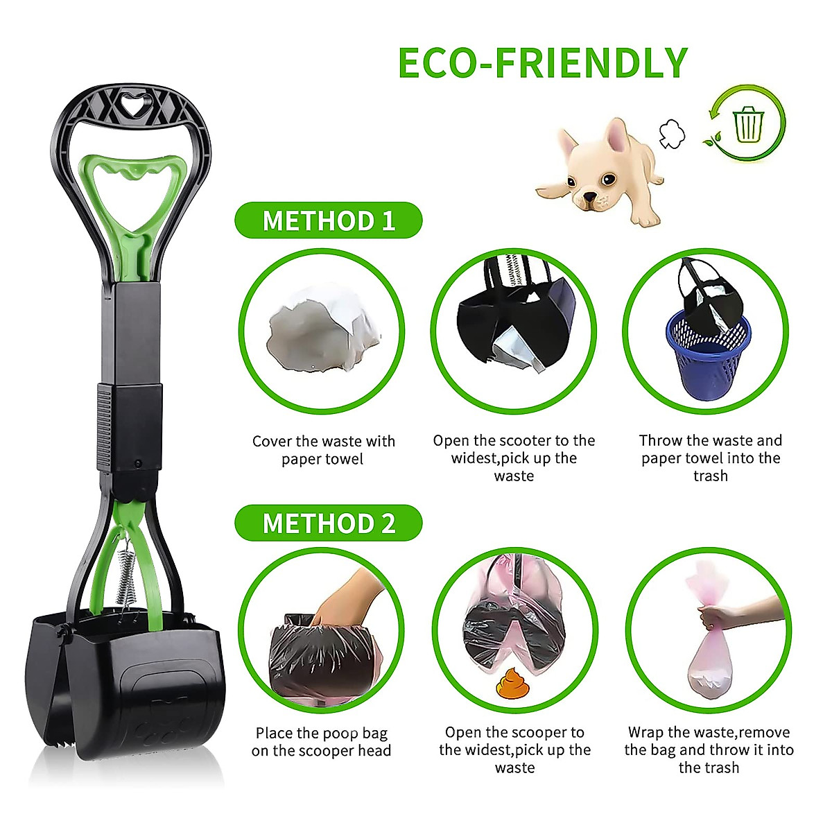 HEAPETBON 17.7" Pooper Scooper for Dogs, Folding Poop Scoop for Long Handle, Stable Jaw Scoop Easy for Small Pet Poop, Grass and Gravel Pick Up - Green