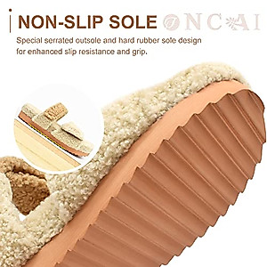 ONCAI Womens Open Toe Platform Slippers,Fluffy Arch Support Sherpa Slides,Faux Fur Sandals with Memory Foam Footbed and Adjustable Strap Beige US Size 9