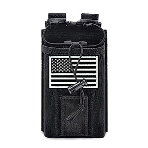 Molle Radio Pouch Radio Holster Tactical Radio Holder Duty Belt Accessories Military Heavy Duty Radio Bag for Two Ways Walkie Talkies Adjustable Storage with 1 Pack Patch (Black-White Flag)