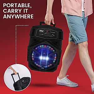 Pyle 12'' Portable Bluetooth Speaker System - 1000W Karaoke Speaker w/ LED Lights, USB/Micro SD/FM/BT/Aux/Remote Control/Mic & Guitar Inputs, Built-in Rechargeable Battery w/ Wheels & Handle Bar
