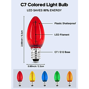 We Charger C7 Colored Light Bulbs, Led Night Light Bulbs Multicolor 25 Pack Outdoor Indoor String Light Replacement, E12 Candelabra Base Bulbs Shatterproof 0.6 Watt