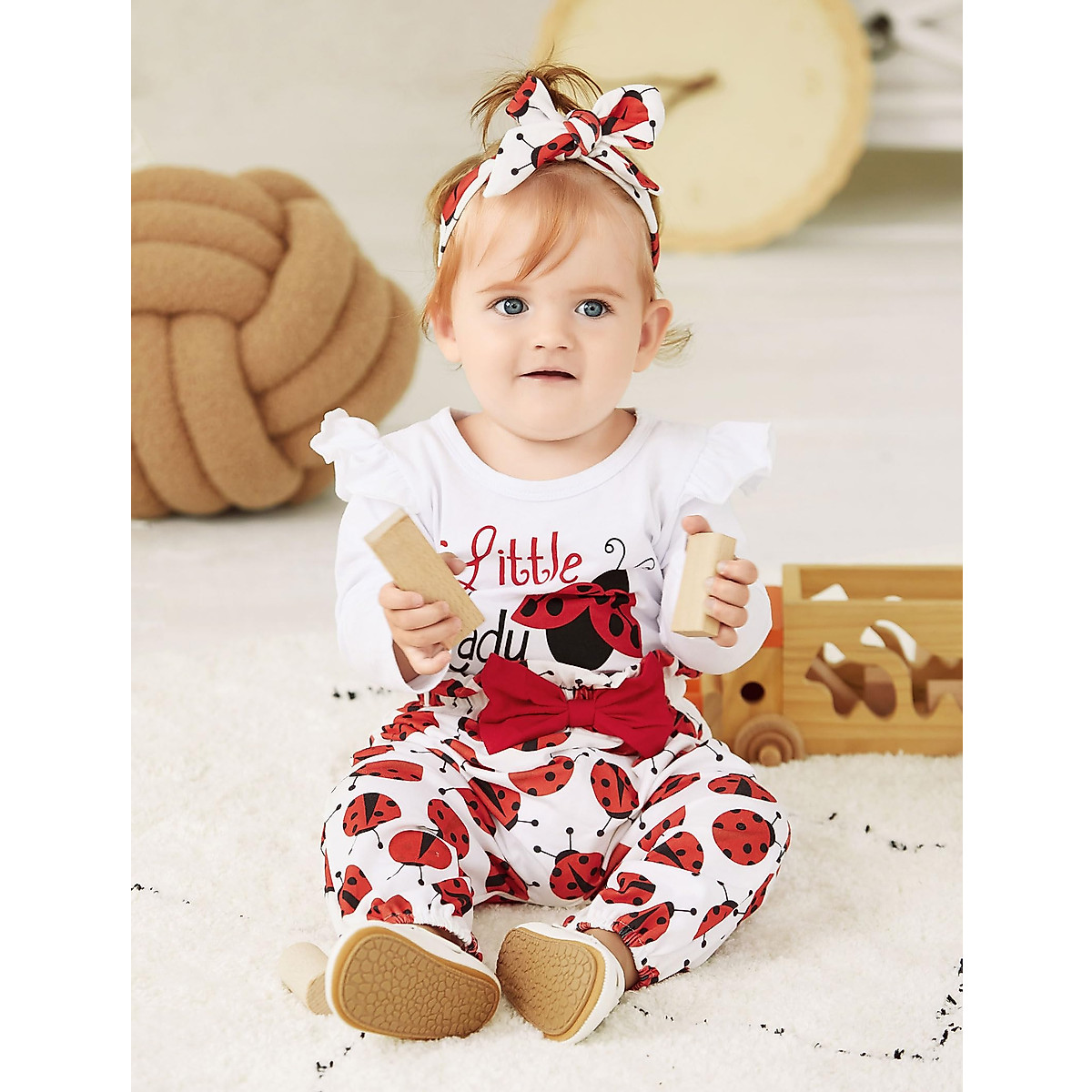 PATPAT Baby Girls Clothes Infant Baby Ruffle Sleeve Romper Pants Sets with Headband 3 Pack, Little Lady, 6-9 Months