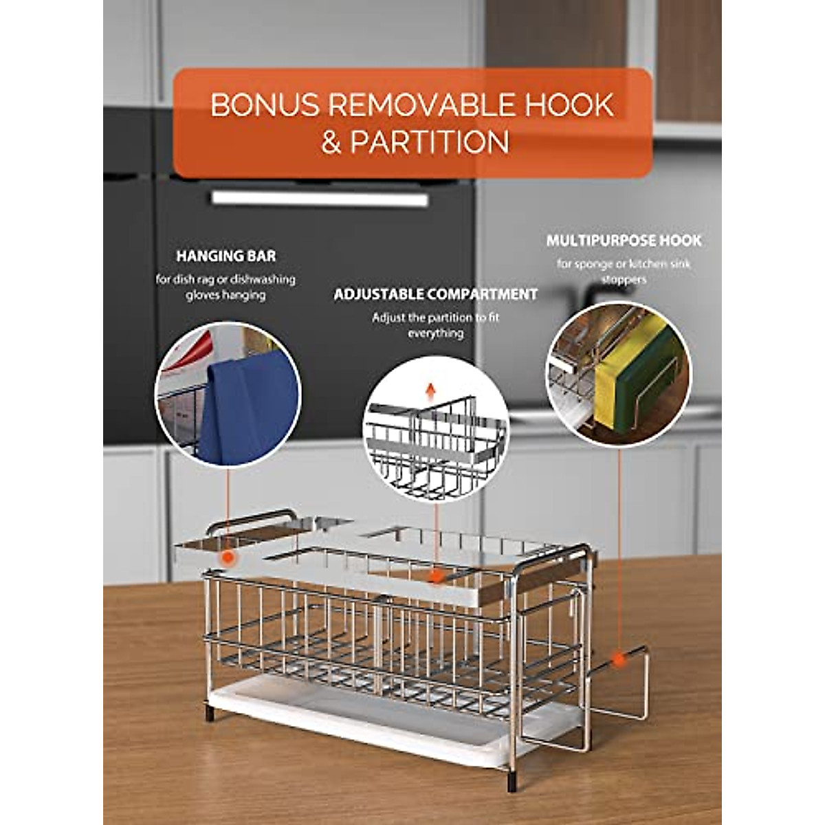 FixOwl Sink Caddy Kitchen Sink Organizer Sponge Holder for Kitchen Sink Non-Slip Countertop Organizer SUS304 with Removable Tray, Silver