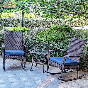 3 Piece Wicker Patio Furniture Sets, Outdoor Wicker Rocking Chairs Patio Bistro Set, Rattan Chairs Patio Furniture Set for Porch Lawn Poolside Backyard with Glass Coffee Table, Brown and Navy