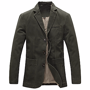 chouyatou Men's Casual Three-Button Stripe Lined Cotton Twill Suit Jacket (Medium, Army Green)