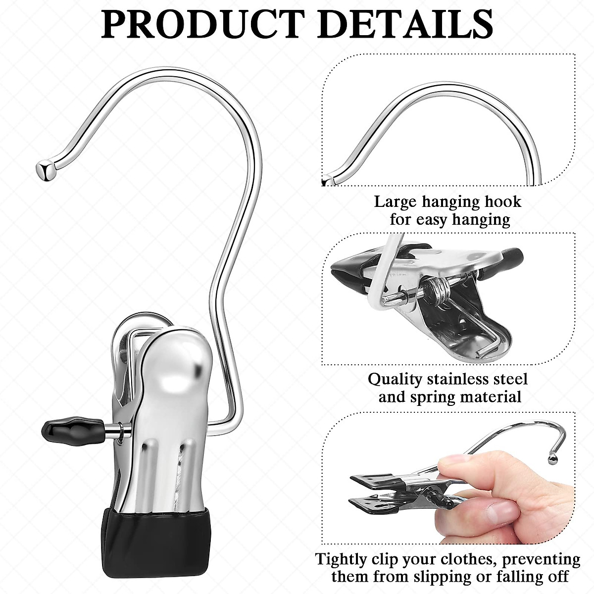 150 Pcs Boot Hangers Clips Laundry Hooks Hanging Stainless Steel Clothes Pins Portable Clip Hangers for Closet Travel Socks Pants Handbags Hats Towels (Black)