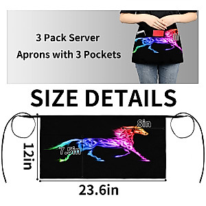 XMNYGJ 3 Pack Waist Apron Set Horse Print Waitress Aprons 3 Pockets Waterproof Half Apron for Bartender Restaurant Barista Teachers BBQs Parties