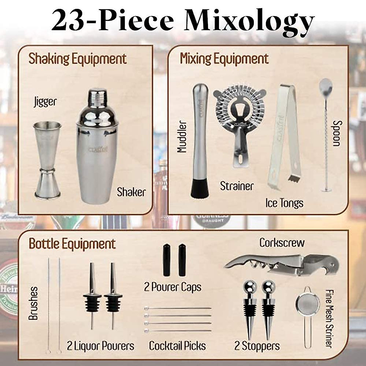 23-Piece Mixology Bar Kit Cocktail Shaker Set - Bartender Kit with Stylish Bamboo Stand - Home Bar Tools and Martini Drink Mixer Gift Set with Recipe Book