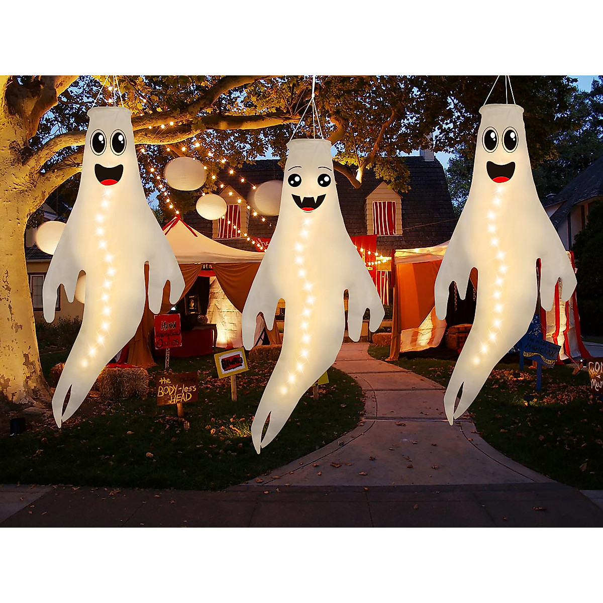 43 Inch Halloween Ghost Windsocks Hanging Decorations - Flag Wind Socks for Home Yard Outdoor Decor Party Supplies (3 Pieces,Batteries Not Included,No Timer)